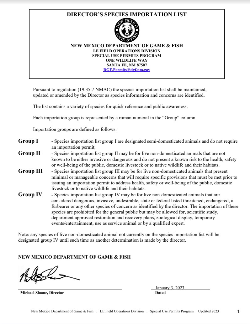 Directors Species Importation List - NMDGF